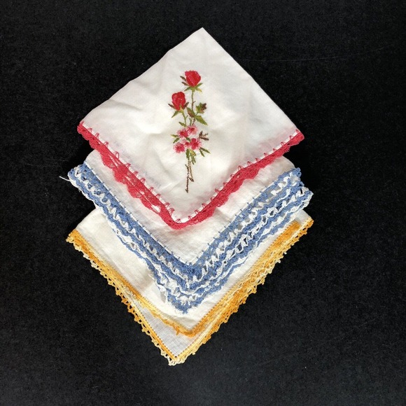 Handmade | Accessories | Vintage Handkerchief Lot Set Of 3 Pastel Crochet Edge Blue Yellow Red ...